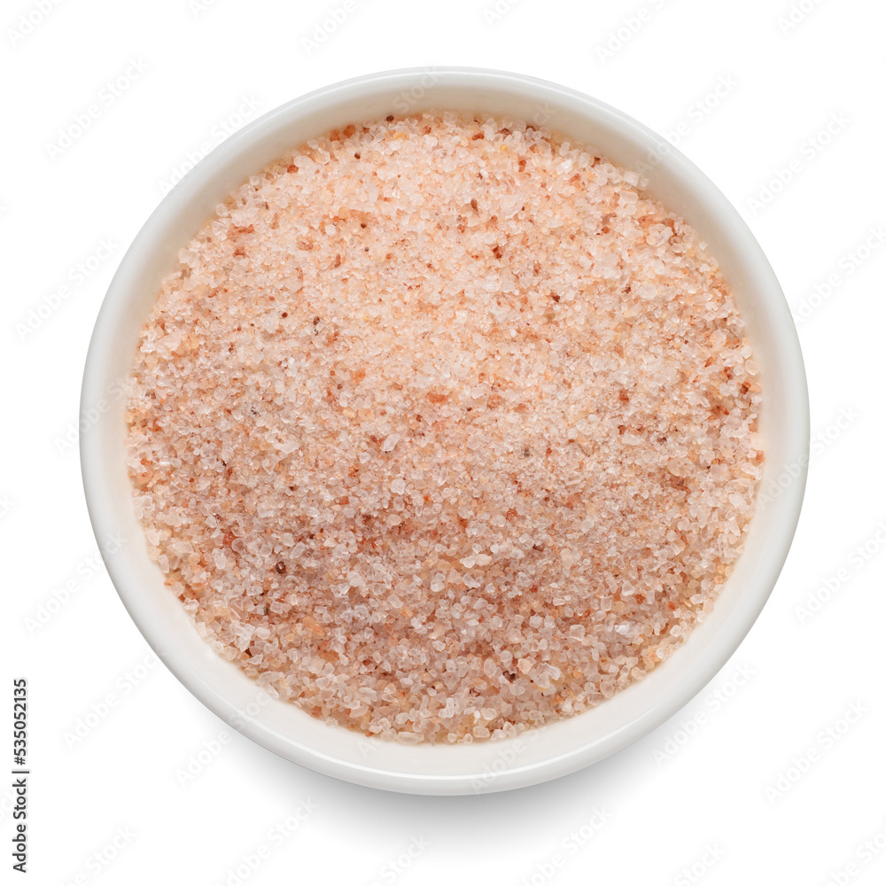 Pink Himalayan fine salt in white bowl isolated on white. Top view ...