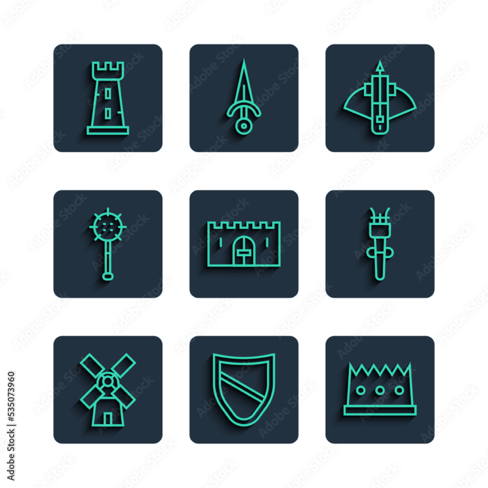 Set line Windmill, Shield, King crown, Battle crossbow with arrow ...