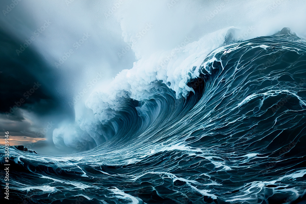 Apocalyptic dramatic background, giant tsunami waves, dark stormy sky ...
