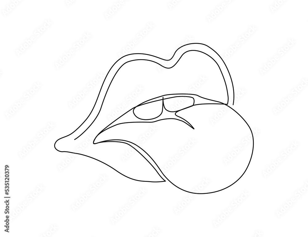 Continuous one line drawing of tongue hanging out. Lips line art ...