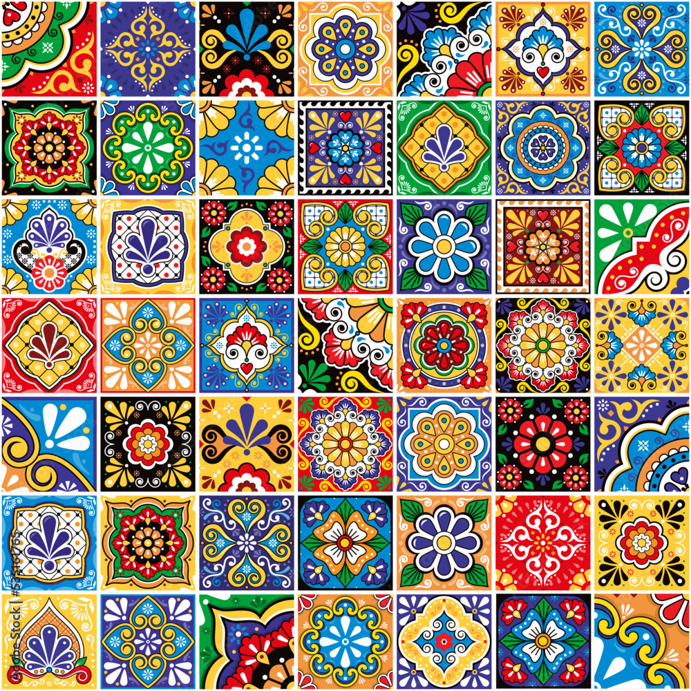 Mexican talavera tiles vector seamless pattern- big 49 different ...