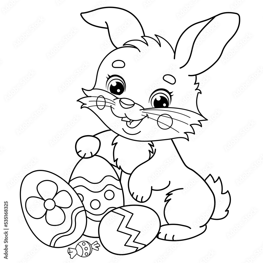 Coloring Page Outline Of cartoon cute Easter bunny with eggs and sweets ...