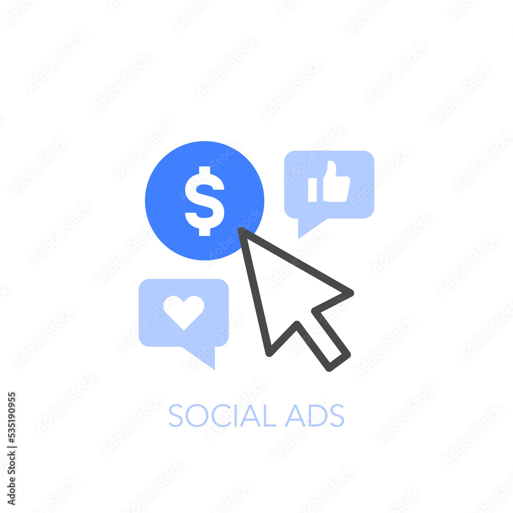 Simple visualised social ads icon symbol with a mouse cursor and social ...
