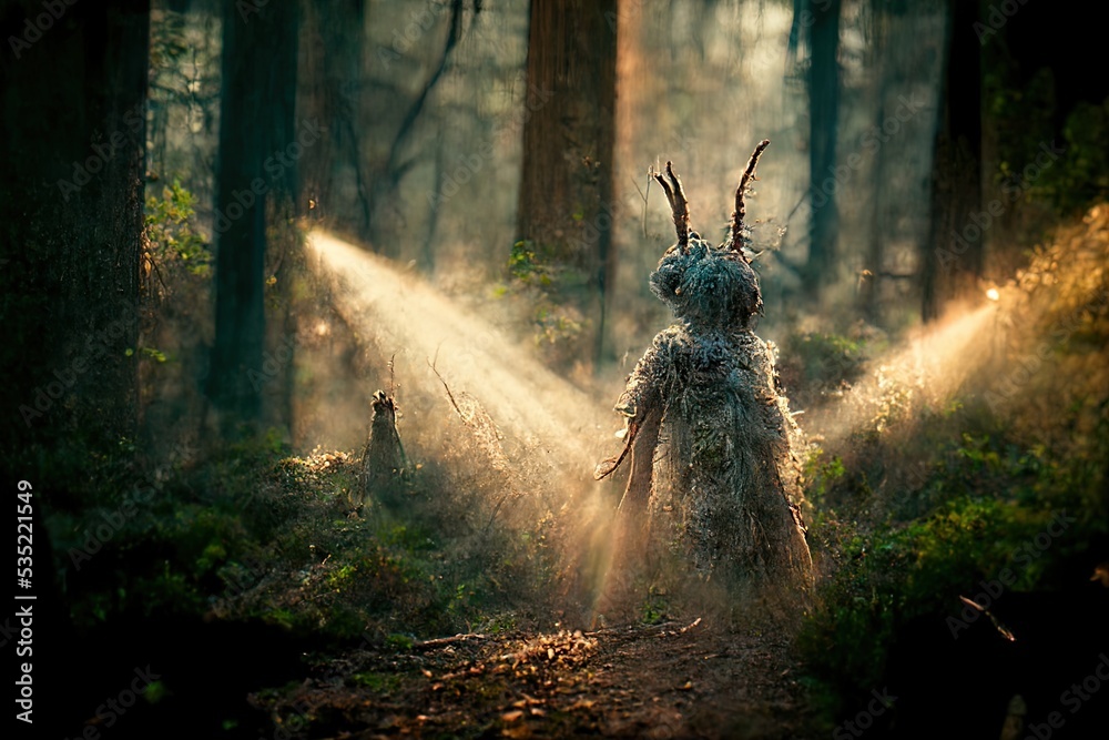 Alien Creature of the woods scene 3D illustration with dramatic ...
