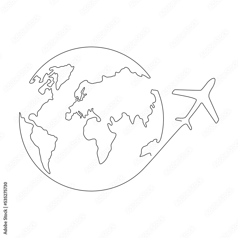 World map with flying airplane one line art. Continuous Earth doodle ...