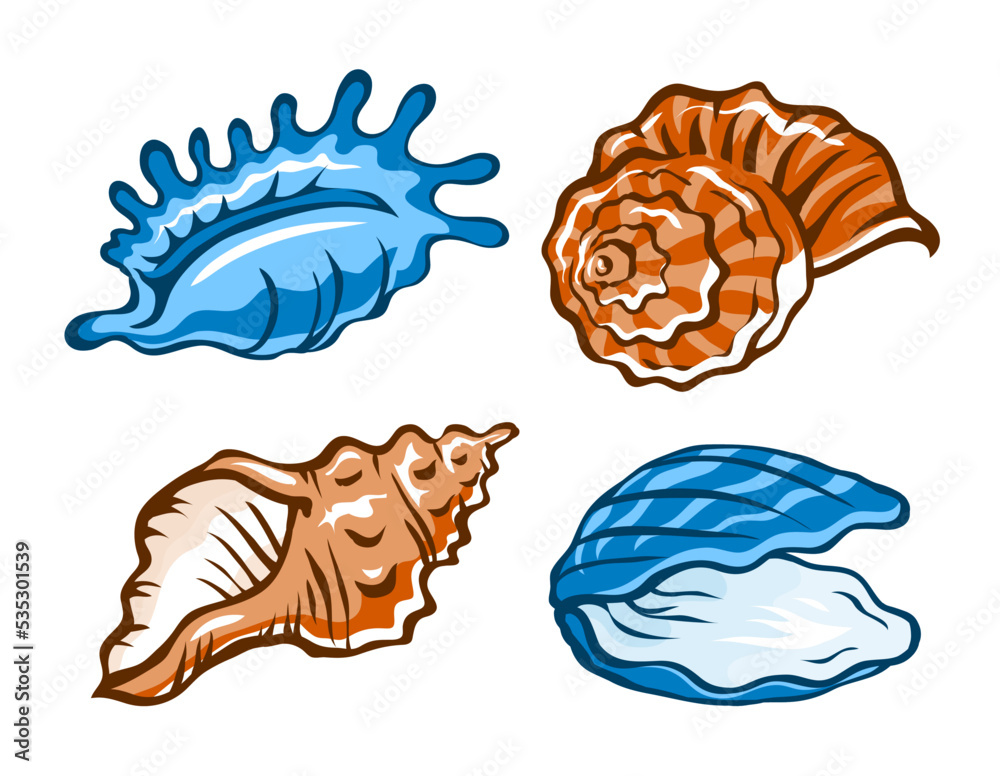 Seashells set. Snail sea shell. Marine underwater twisted seashell ...