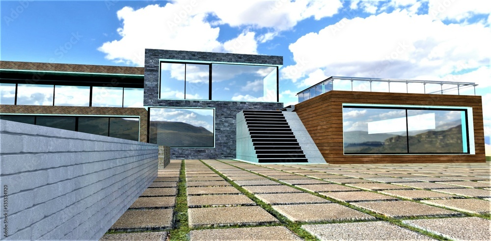 Stock-Illustration „Concrete staircase with black marble risers up to ...