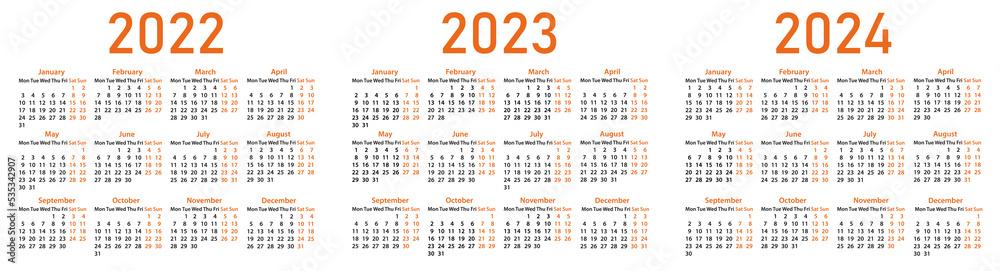 English calendars 2022, 2023, 2024 on a white background. Calendar ...
