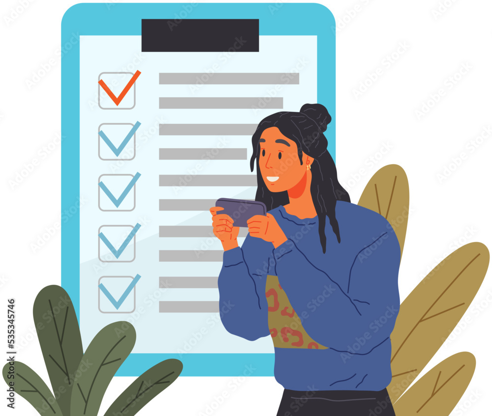 Woman with smartphone next to marked checklist on clipboard paper. Task ...