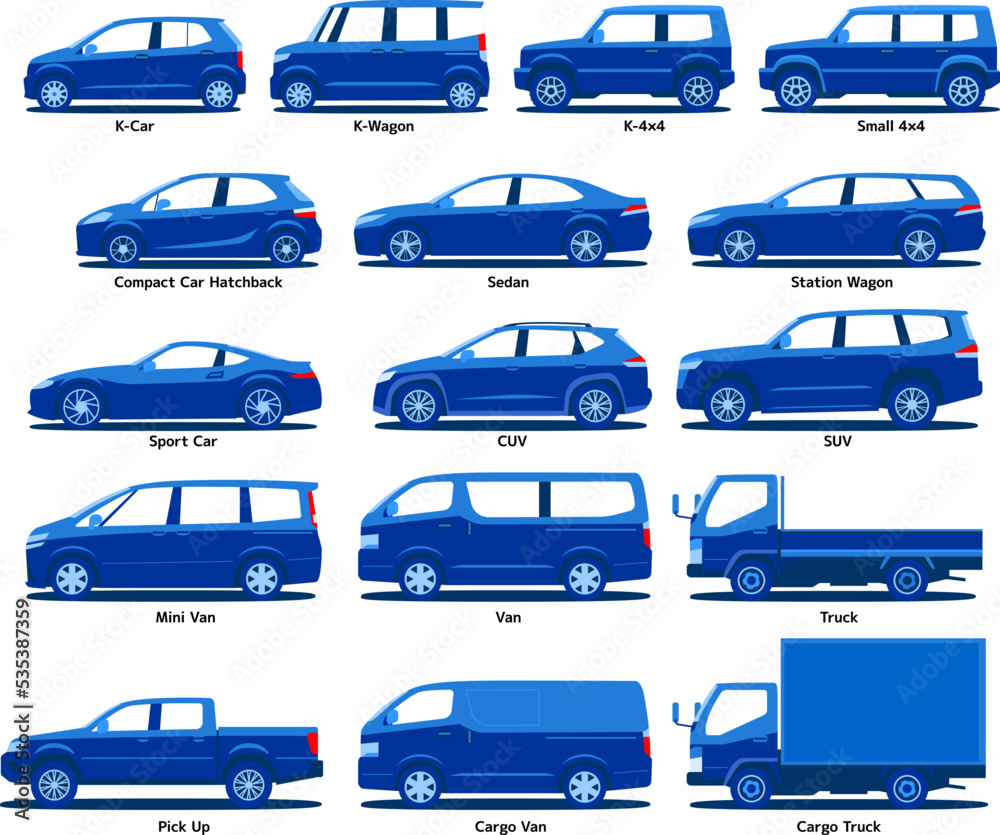 Car body types vector blue illustration 車種 Stock Vector | Adobe Stock