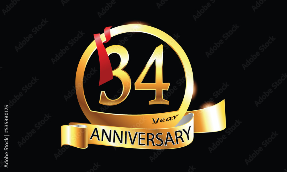 34 Year Anniversary celebration Vector Design with ring and red ribbon ...