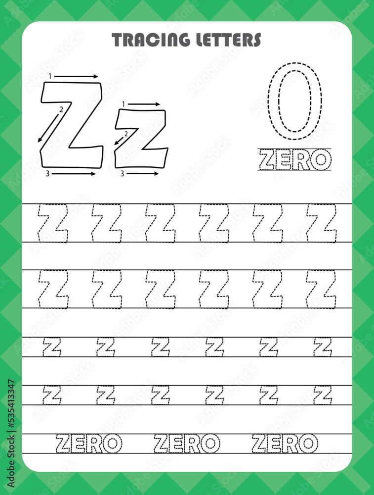 Trace letters of English alphabet and fill colors Uppercase and lowercase Z. Handwriting ...