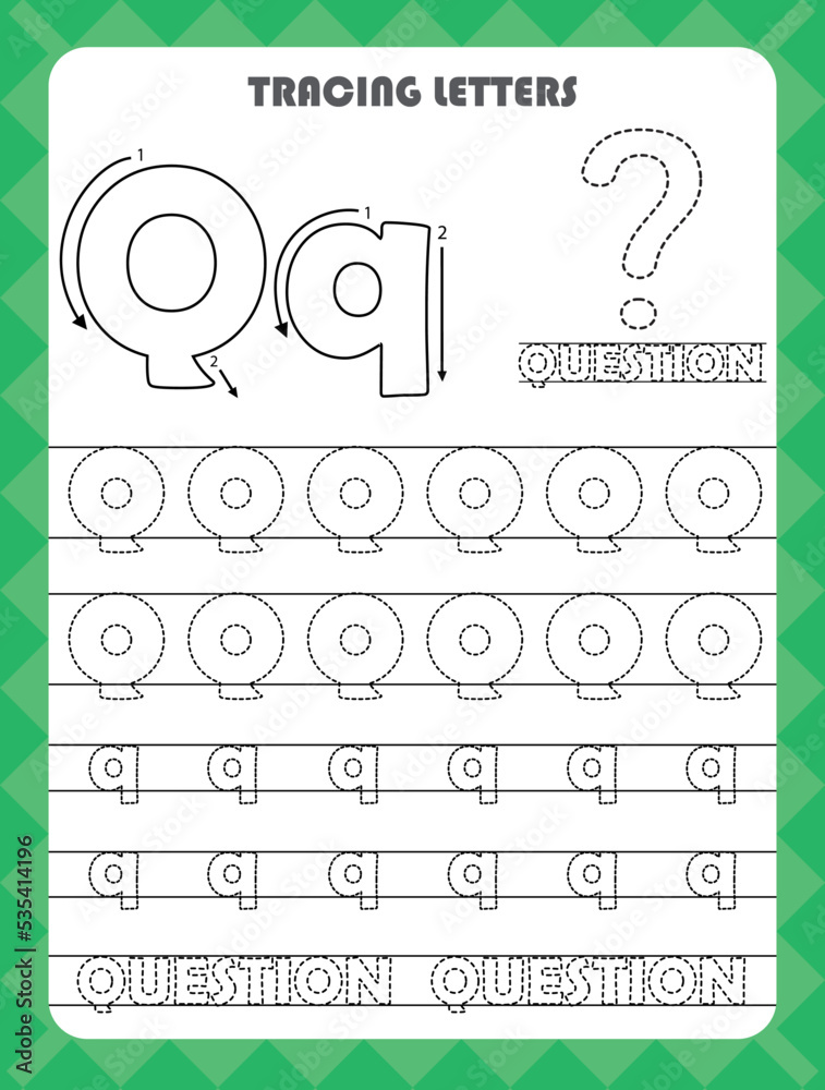 Trace letters of English alphabet and fill colors Uppercase and lowercase Q. Handwriting ...