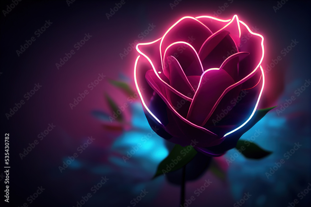 Fantasy magical dark background with magic rose flower reflection neon ...