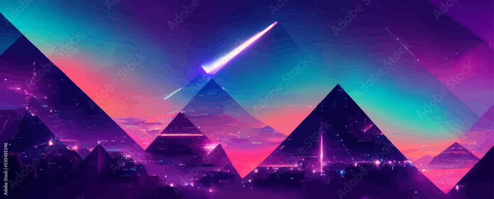 retro wave background with sparkling glitched triangle, pyramids ...