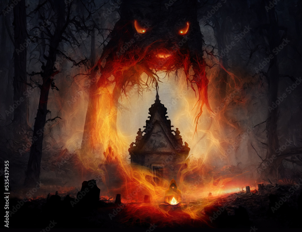 ภาพประกอบ Stock A dark magician summoning an evil spirit near an old ...