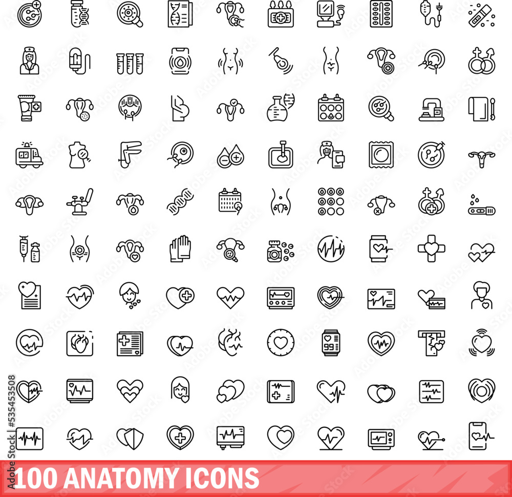 100 anatomy icons set. Outline illustration of 100 anatomy icons vector ...