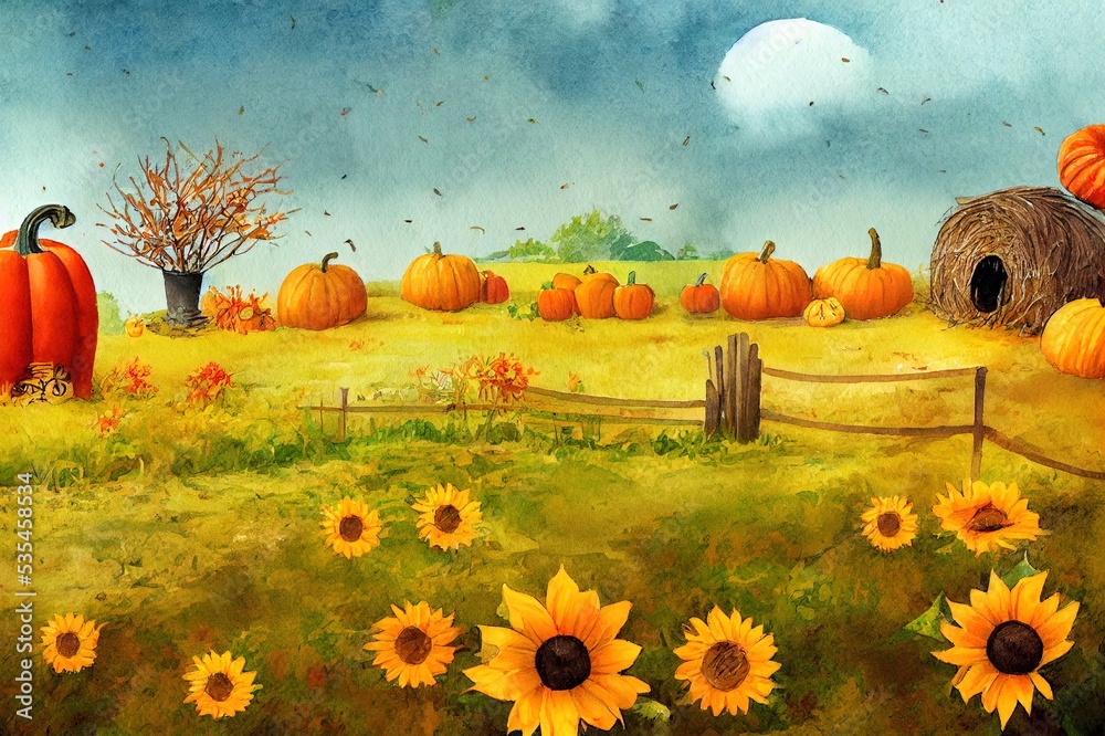 Watercolor farmhouse scarecrow illustration, Autumn harvest scene with ...