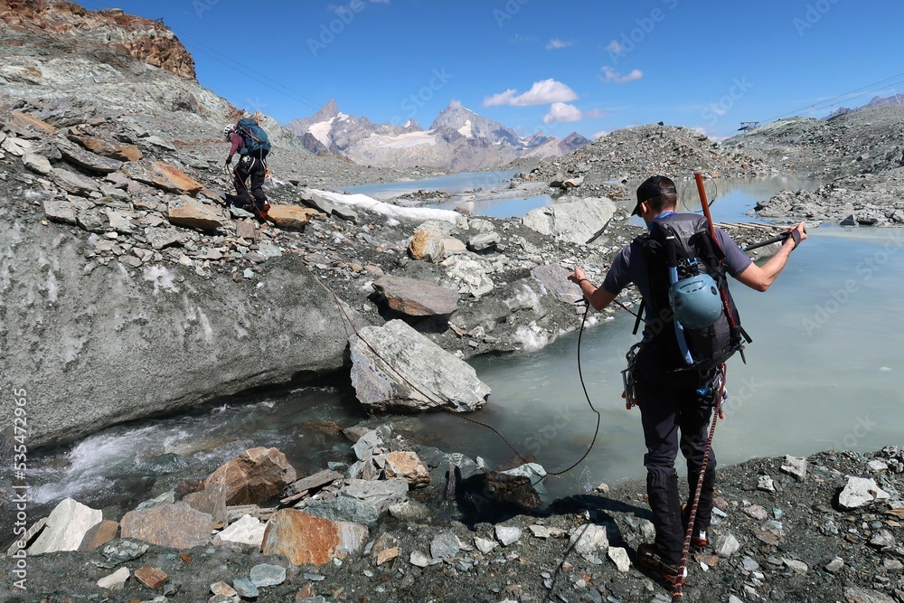 Multi day summer expedition through some glaciers in the alps. On the ...