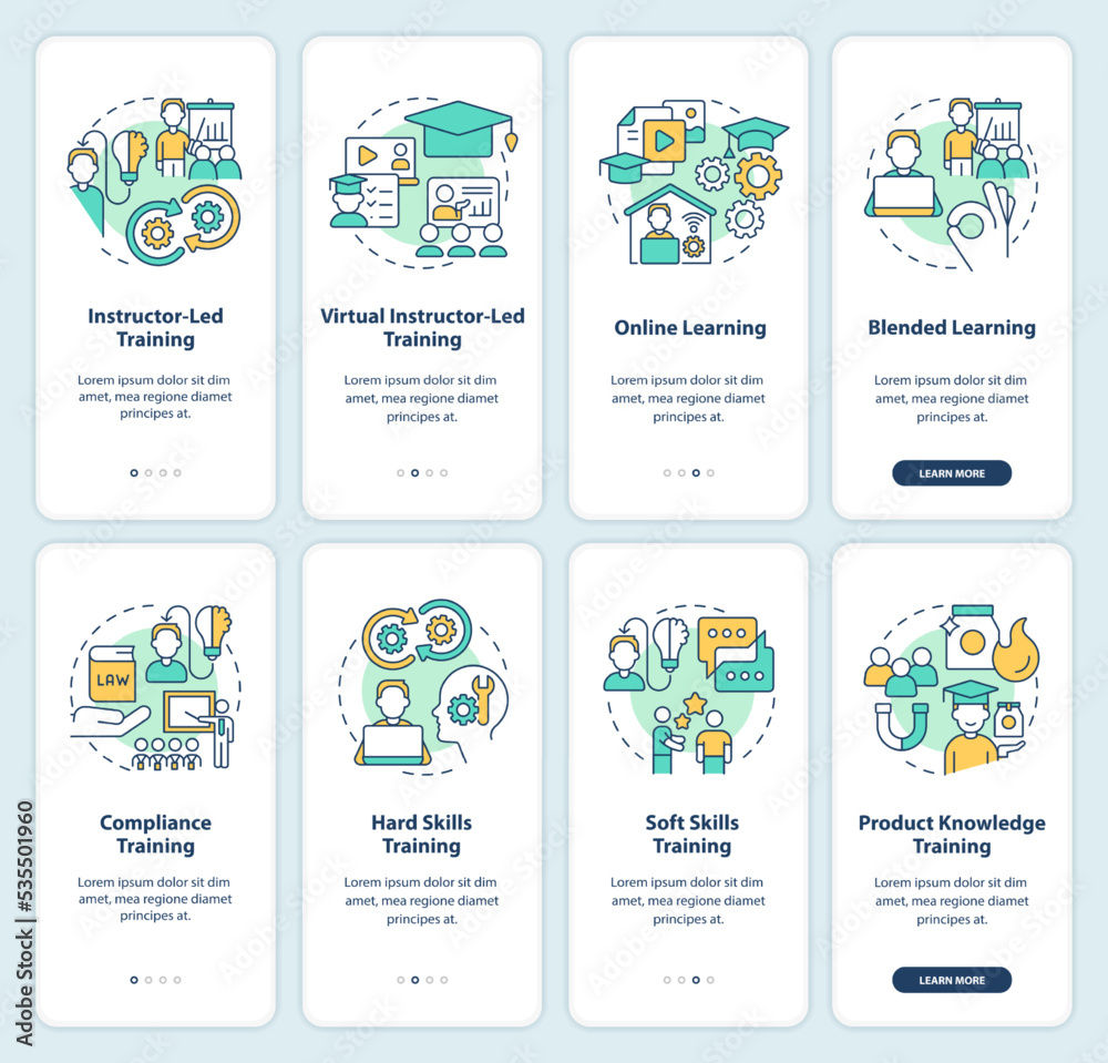 Corporate training programs onboarding mobile app screen set. Skills ...