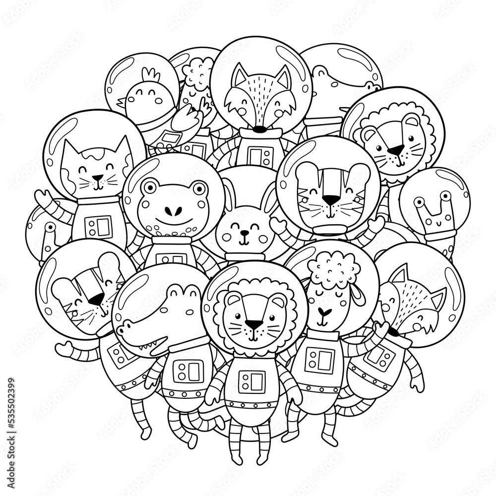 Space animals circle shape pattern for coloring book. Cute animals ...