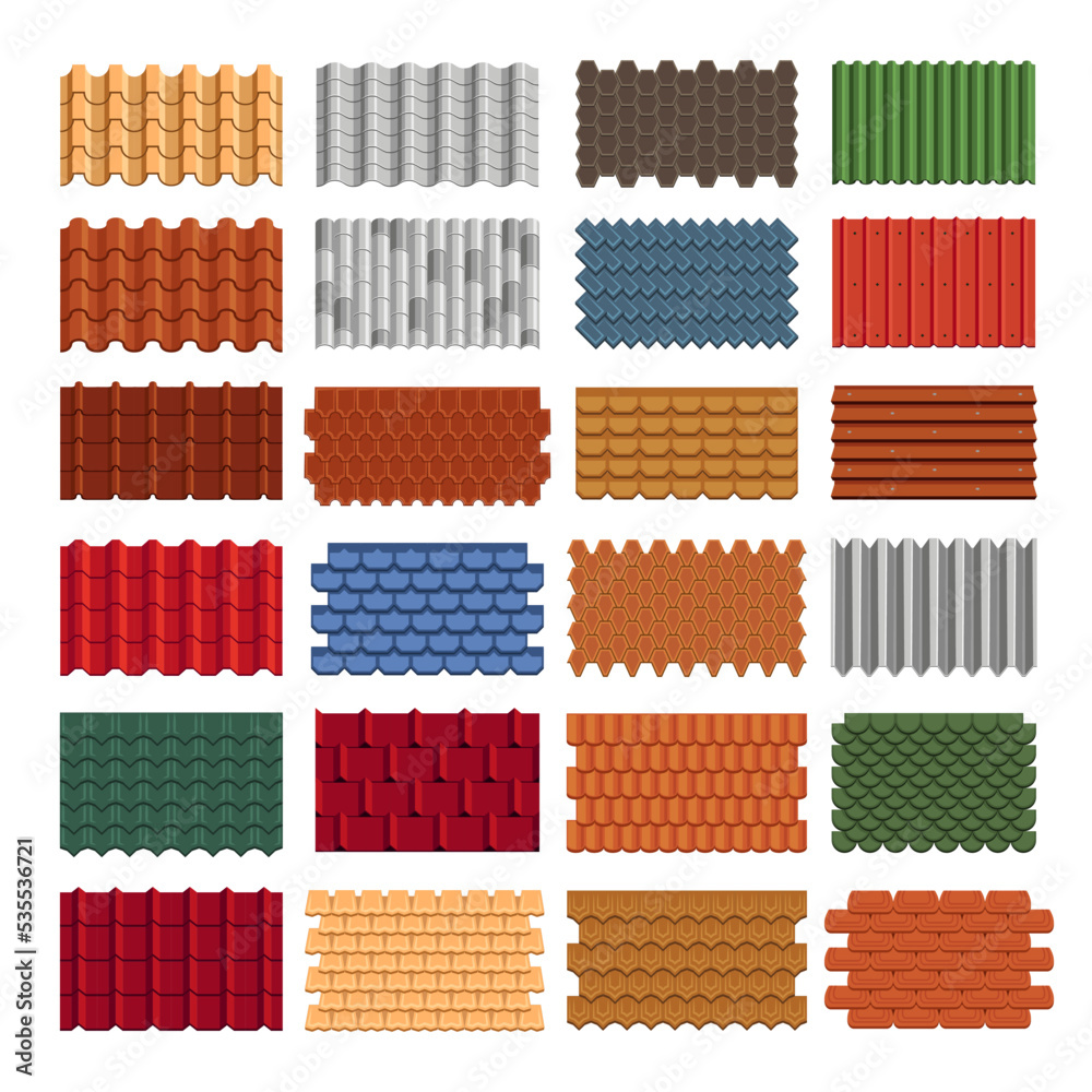 Roofs tiles of different materials vector illustrations set. Cartoon ...