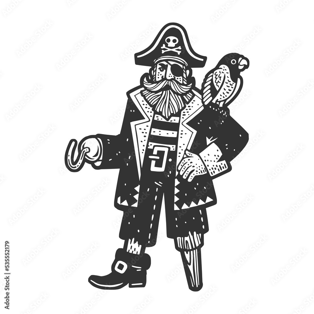 one legged one armed pirate with parrot bird sketch engraving vector ...