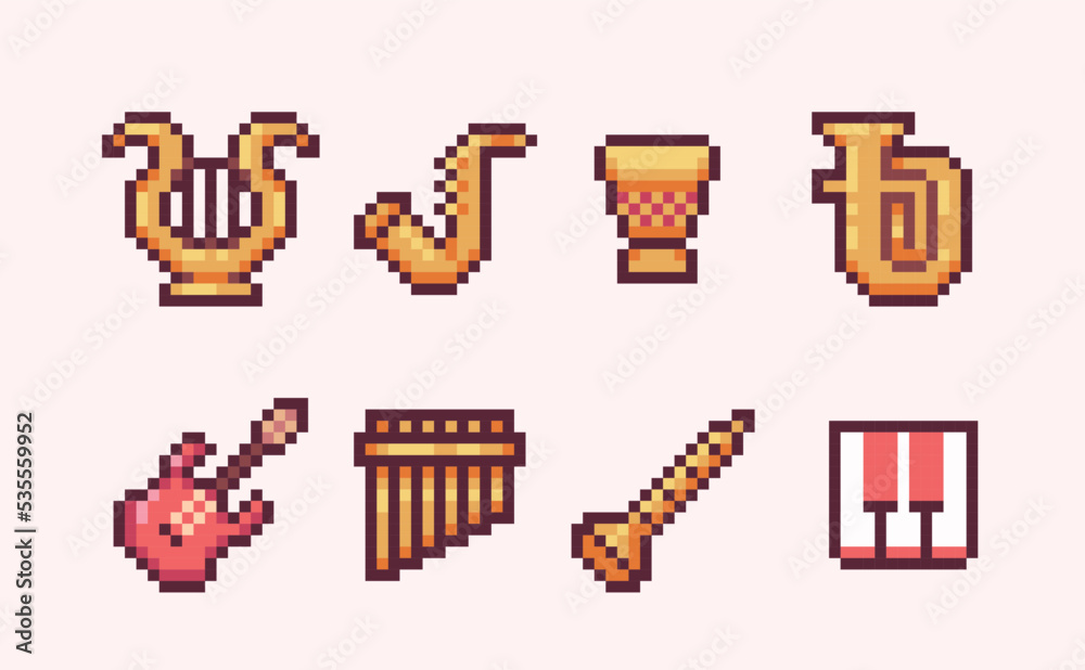 Musical instruments pixel art set. Guitar, trumpet, drum collection ...