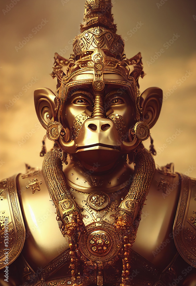 AI generated golden idol of Hindu Lord Hanuman, wearing battle armor ...