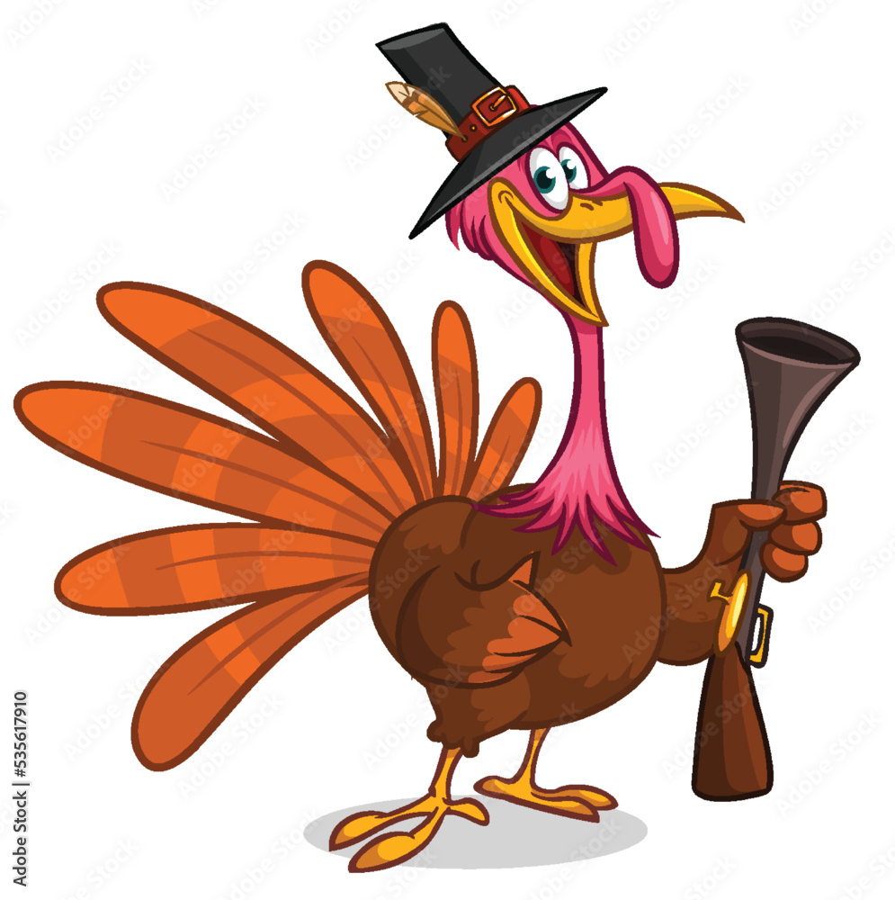 Cartoon happy cute thanksgiving turkey bird holding a gun. Vector ...