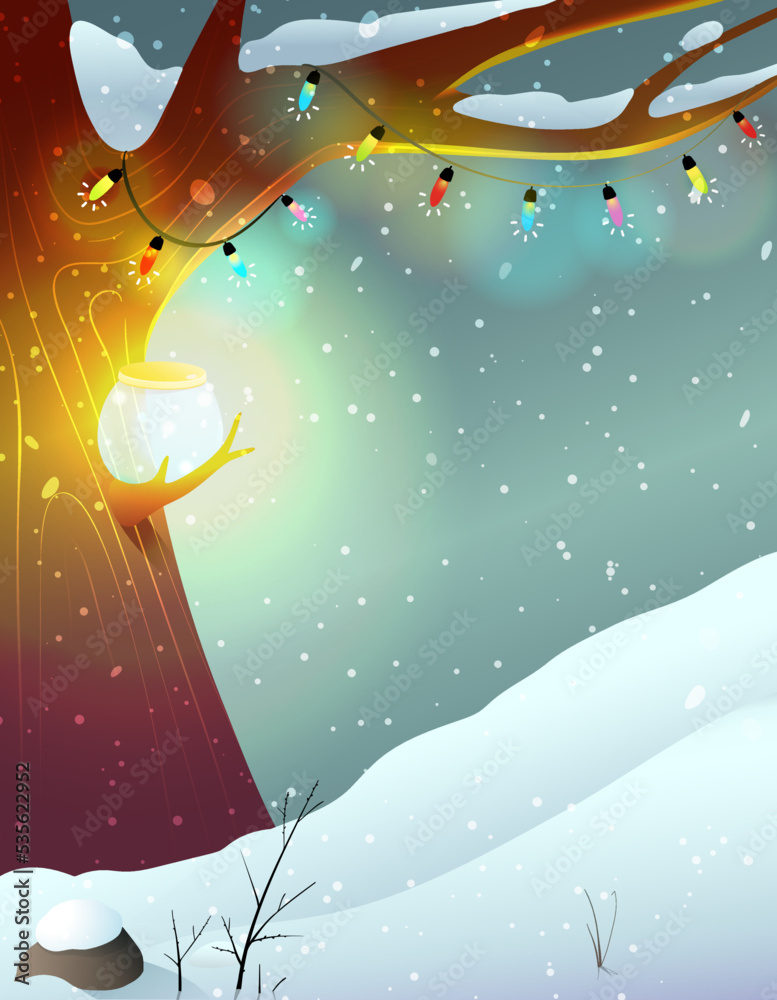 Big tree at night in winter woods. Forest fairytale empty background ...