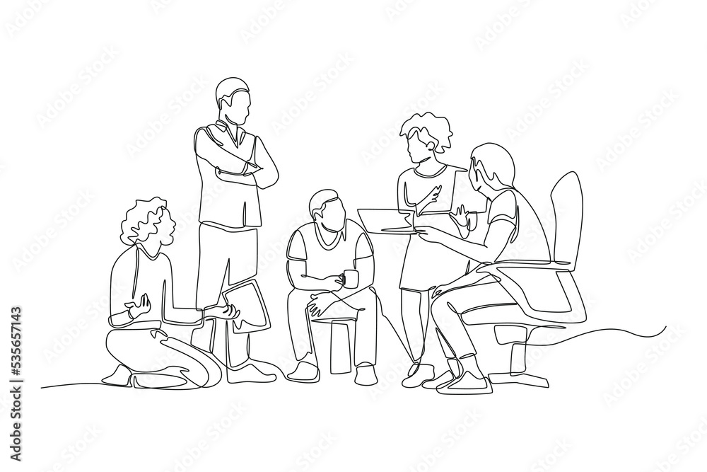 One continuous line drawing of creative team having a discussion for a ...