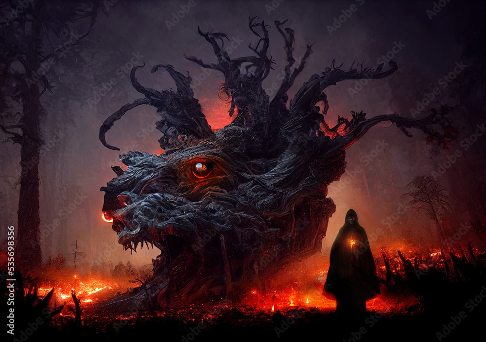 Ilustración de Stock The sorcerer summons the dark spirit of the forest ...