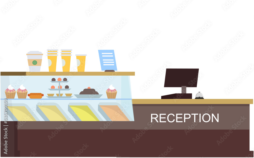 Empty cafeteria with cashier desk, menu and snakes and beverage display ...