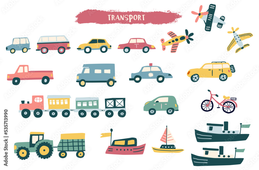 Cartoon vector illustrated transport vehicles, cars, bus, tractor ...