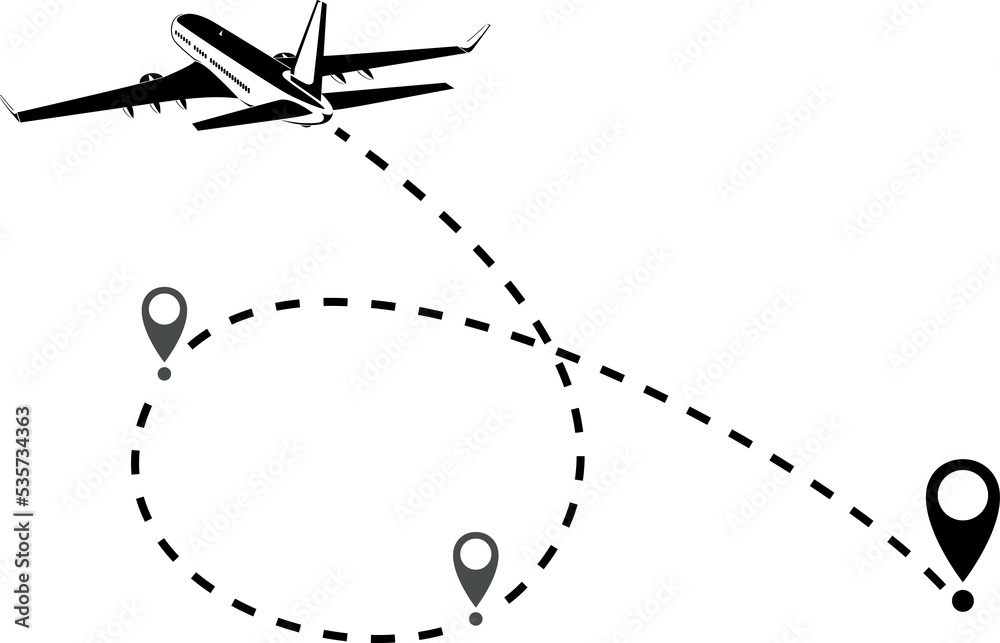 Airplane line path icon of air plane flight route with start point and ...