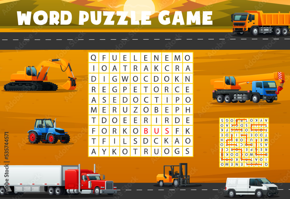 Construction machinery and industrial transport. Word search puzzle ...