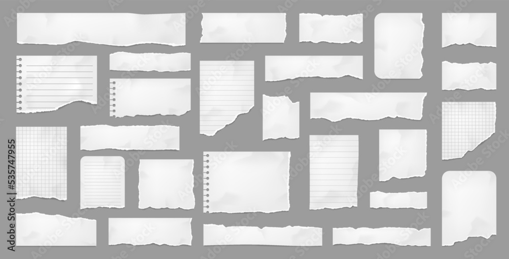 White torn paper, rip paper pieces and notebook page strips with ripped ...
