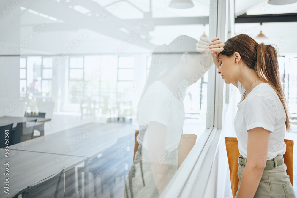 Burnout, frustrated and sad student by classroom window for fail ...