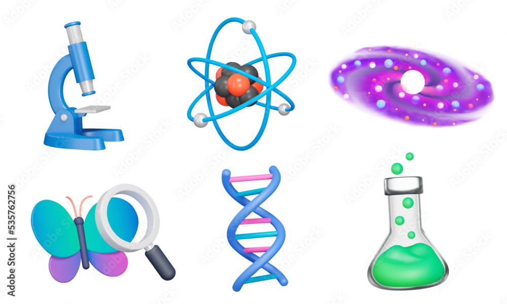 Science 3d icon set. Study and knowledge. Physics, chemistry, biology ...