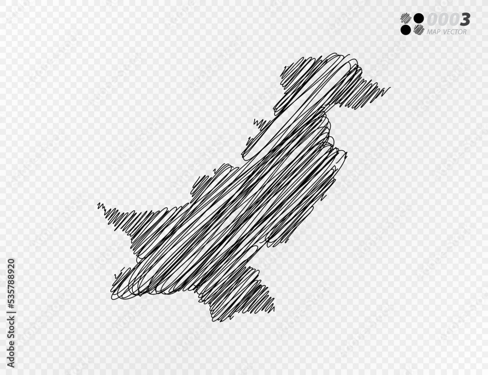 Vector black silhouette chaotic hand drawn scribble sketch of Pakistan map on transparent ...