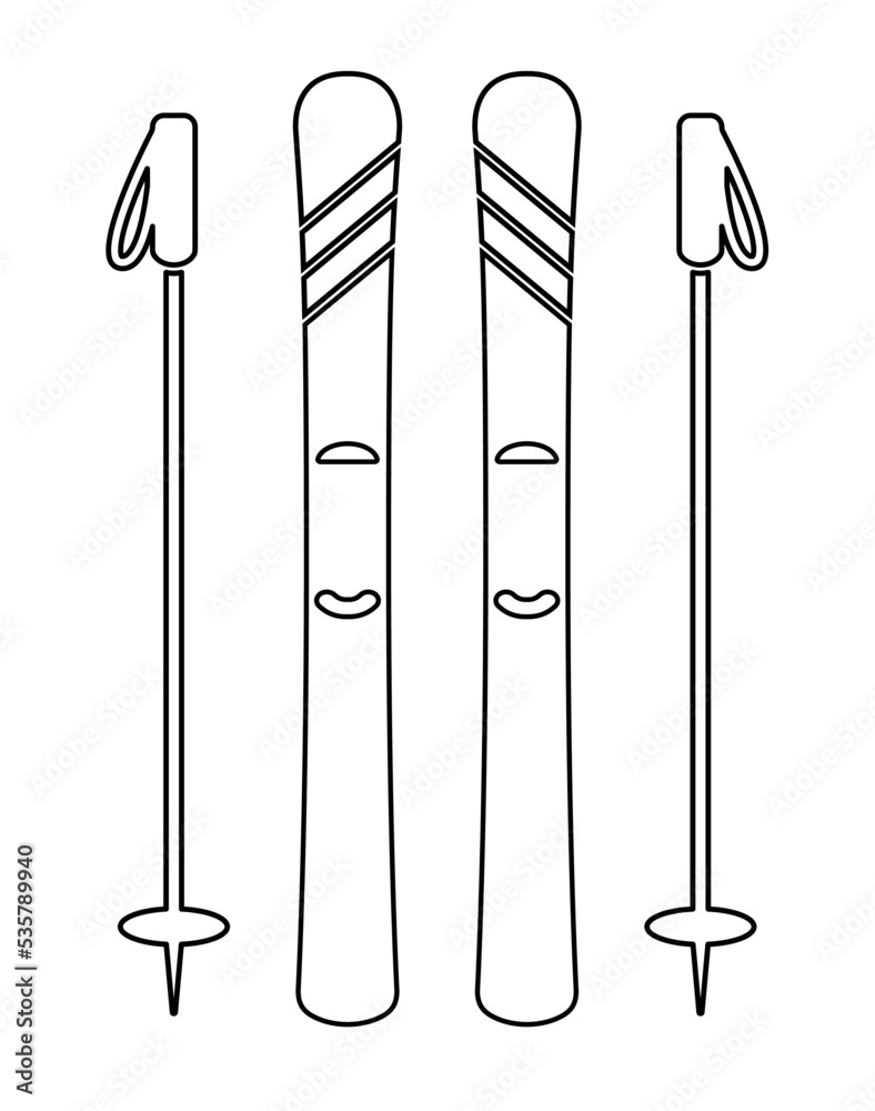 Skis and ski poles outline icon set on white background. Winter sports ...