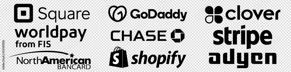 Set of logos on transparent background: Stripe, Shopify, Clover, Adyen ...