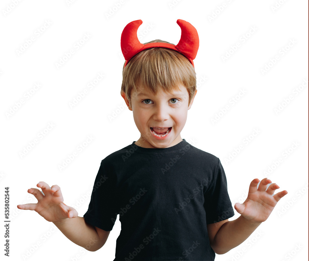 Halloween concept. cute little boy with red devil horns transparent ...