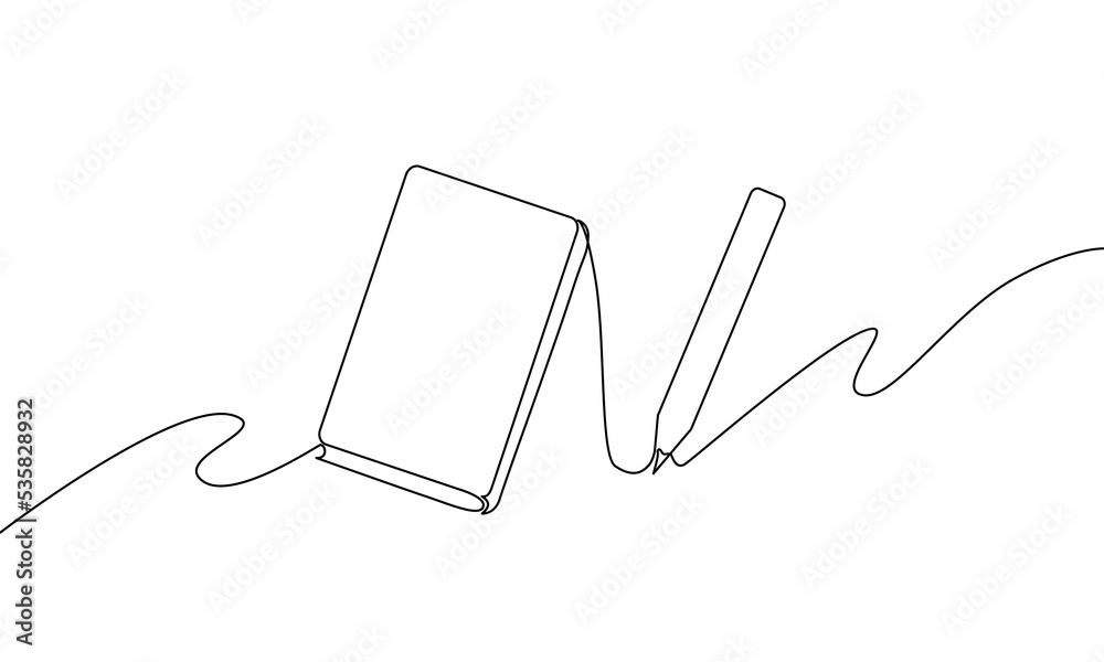 Continuous line drawing of book and pen, back to school, object one ...
