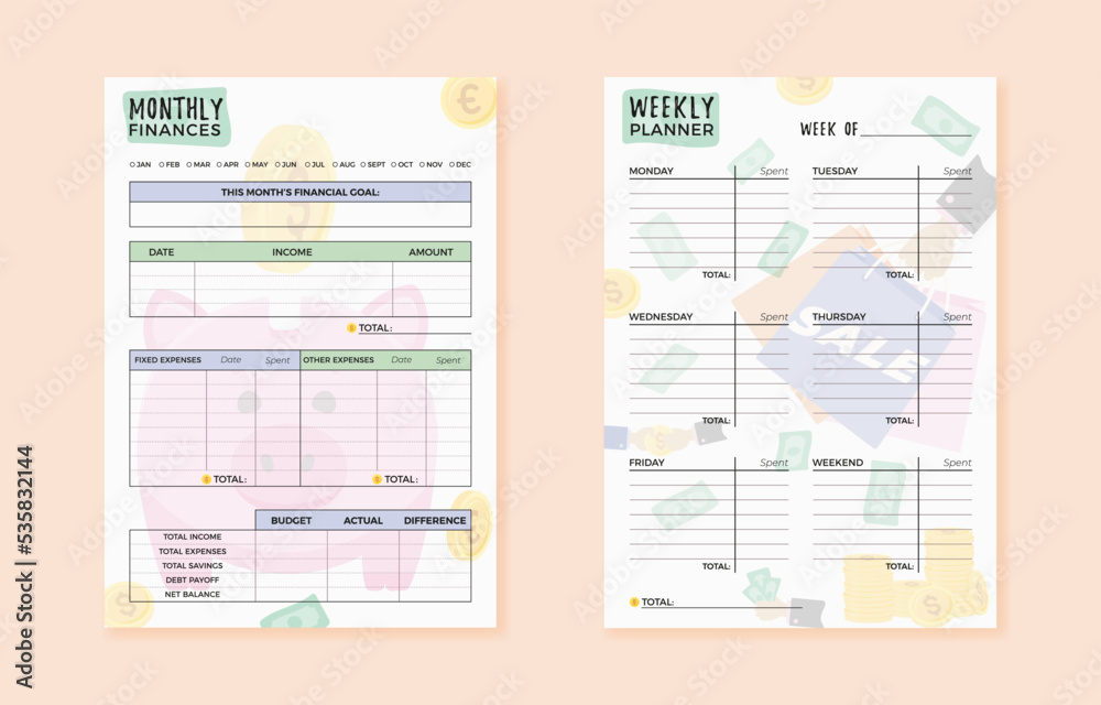 Monthly and weekly budget planner. Cute finance planner template with ...