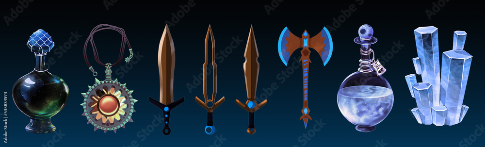 A set of fantasy game props. Swords, axes, bottles, amulet, crystal ...