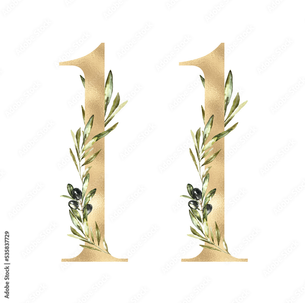 Watercolor number 11 illustration. Greenery olive leaves,branch, gold ...
