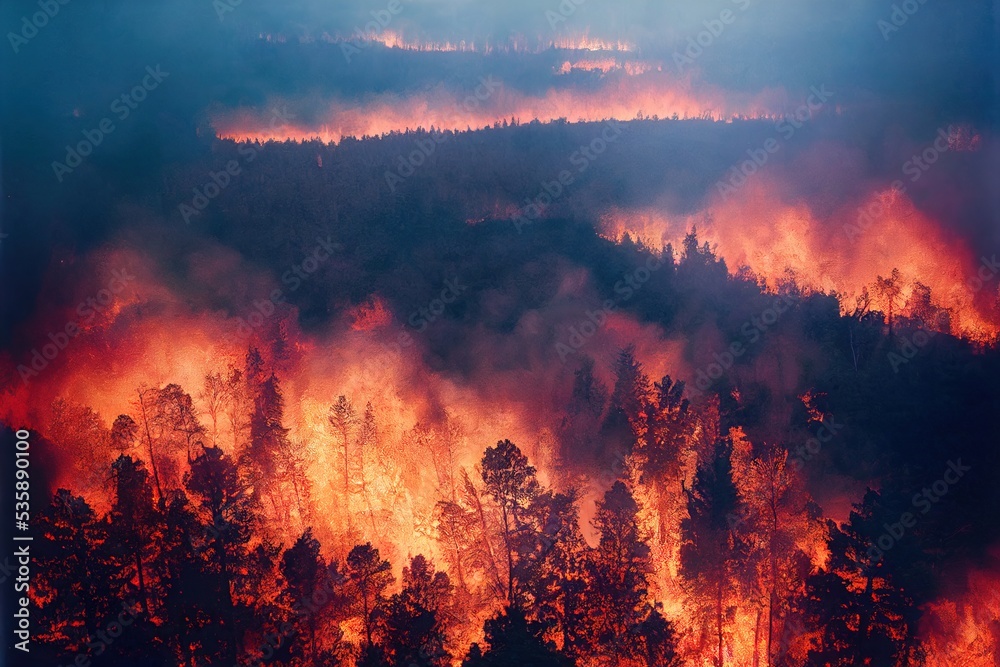 Ilustración de Stock Aerial view of burning forest, ai generated photorealistic illustration, is ...