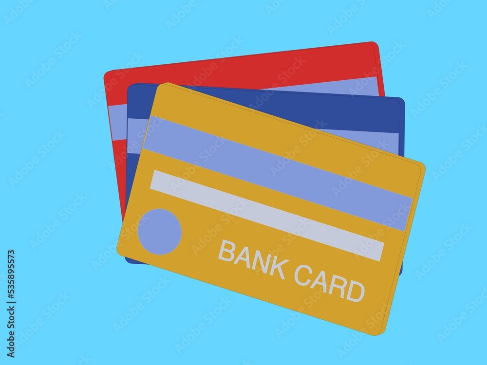 Bank cards as a symbol of cashless payment and e-commerce, on a blue ...